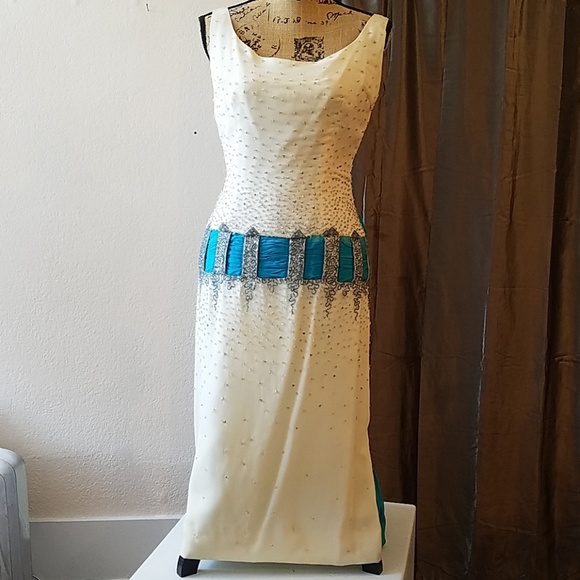 Dresses | Vintage Ivory Aqua Couture Sumptuous Beaded Gown | Poshmark